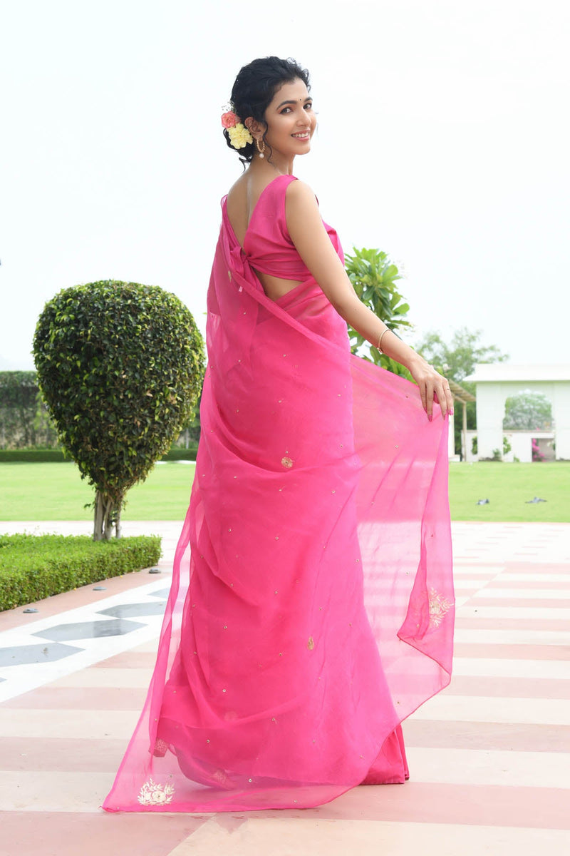 MULMUL SURI FUCHSIA PITTAN WORK CHIFFON SAREE – Jannat.com